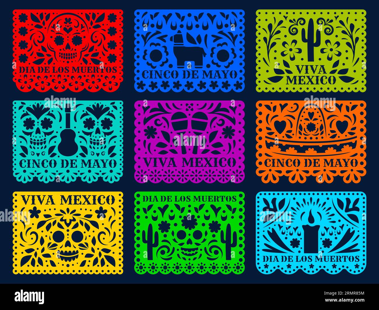 Mexican paper cut holiday flags. Cinco de mayo, dia de los muertos ...