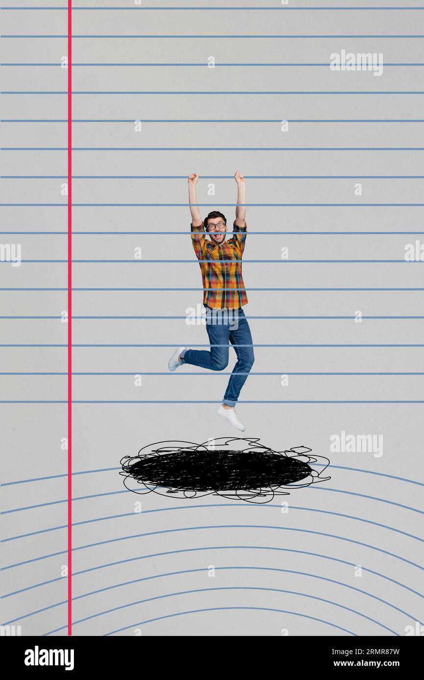 Vertical collage image of impressed frightened mini guy arms hold ...