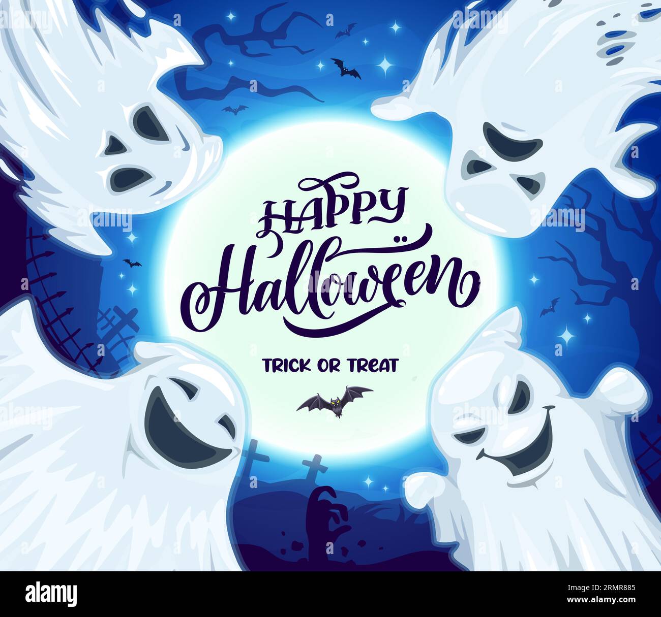 Cartoon funny Halloween ghosts on holiday banner with cemetery ...