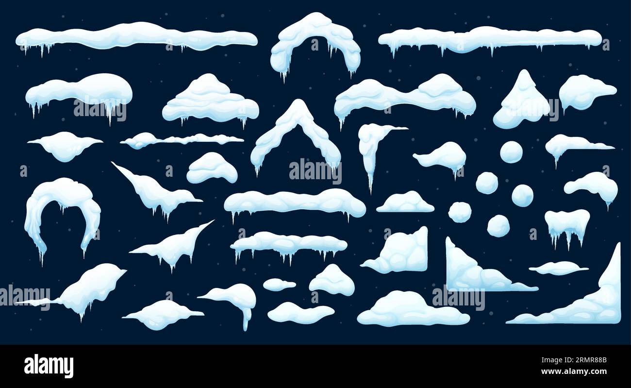 Cartoon christmas snow and ice caps with icicles. Isolated vector set ...