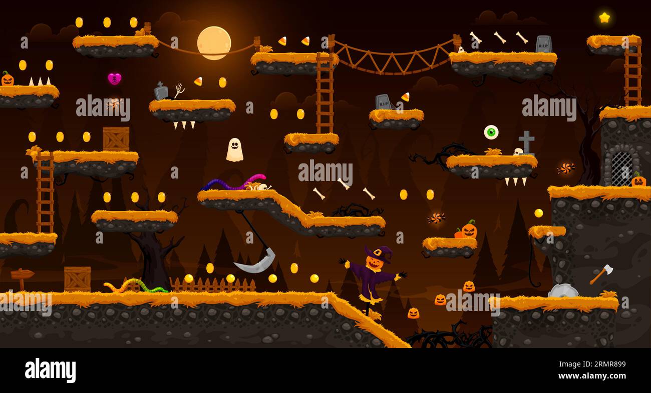 Arcade Halloween night landscape horror game level map interface ...