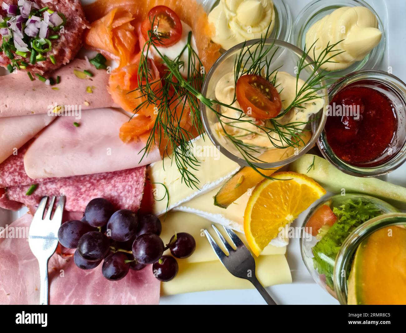 Close View On A Healthy German Breakfast With Cheese, Tomatoes And ...