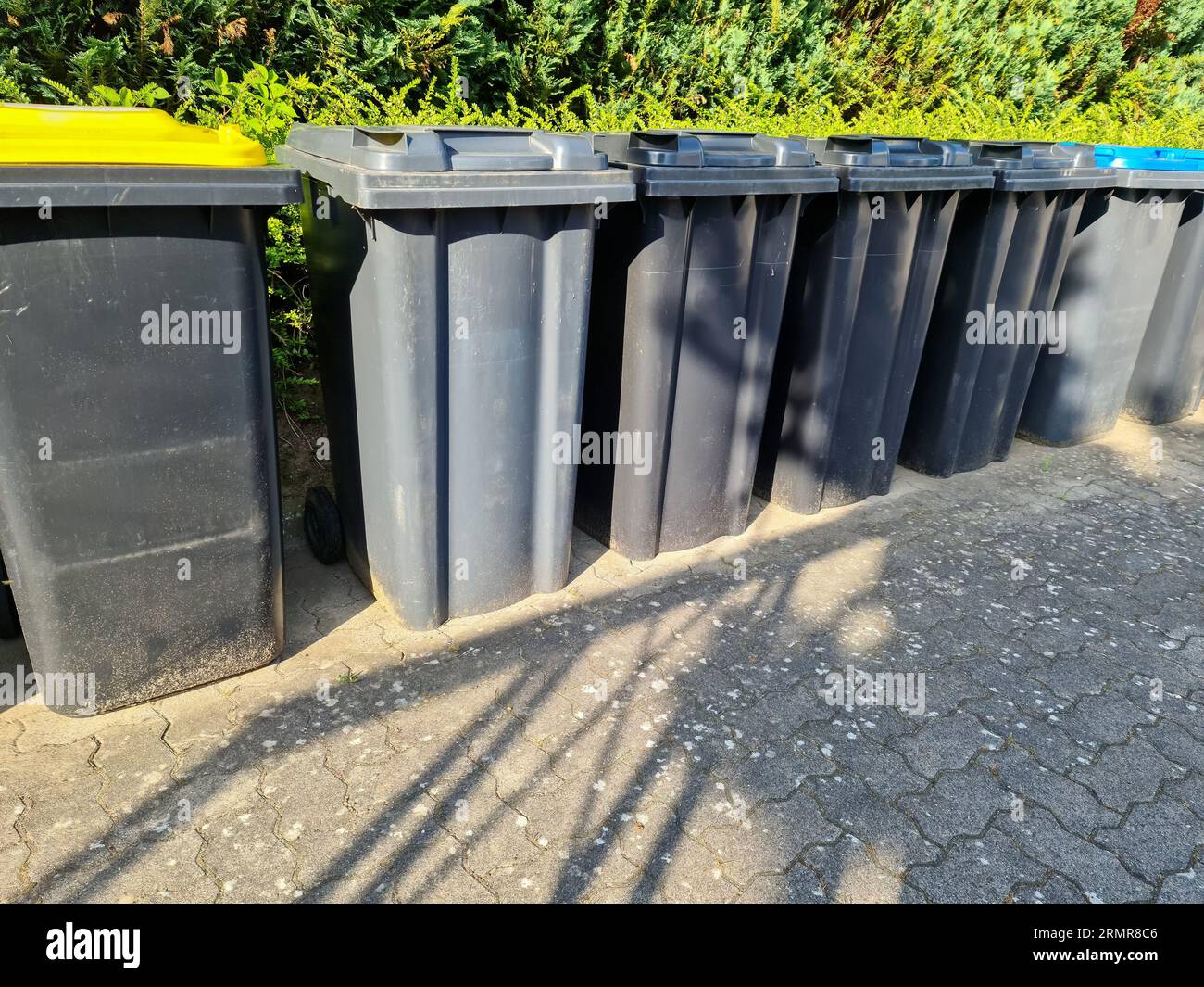 Lots Of Garbage Cans Standing In A Row Stock Photo - Alamy