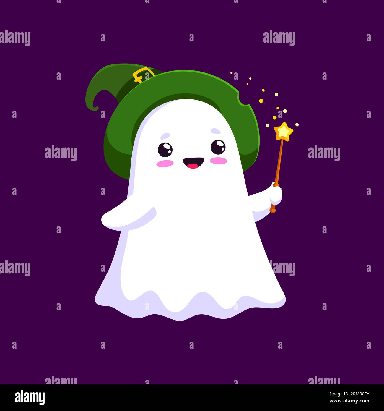 Cartoon Halloween kawaii ghost character in witch hat for holiday emoji ...