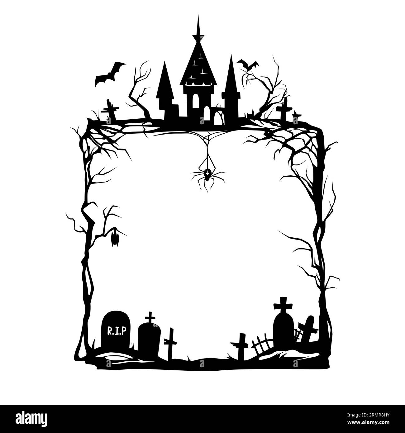 Halloween holiday black frame with cemetery tombstones and spiders on ...