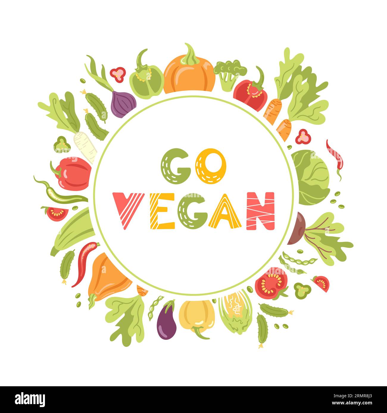 Go vegan. Round frame, wreath of fresh seasonal vegetables. Vector ...