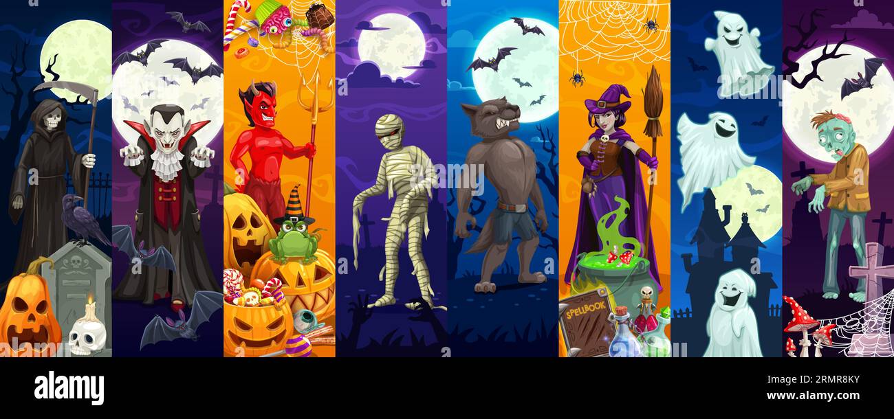 Halloween characters collage with spooky monsters of horror night ...