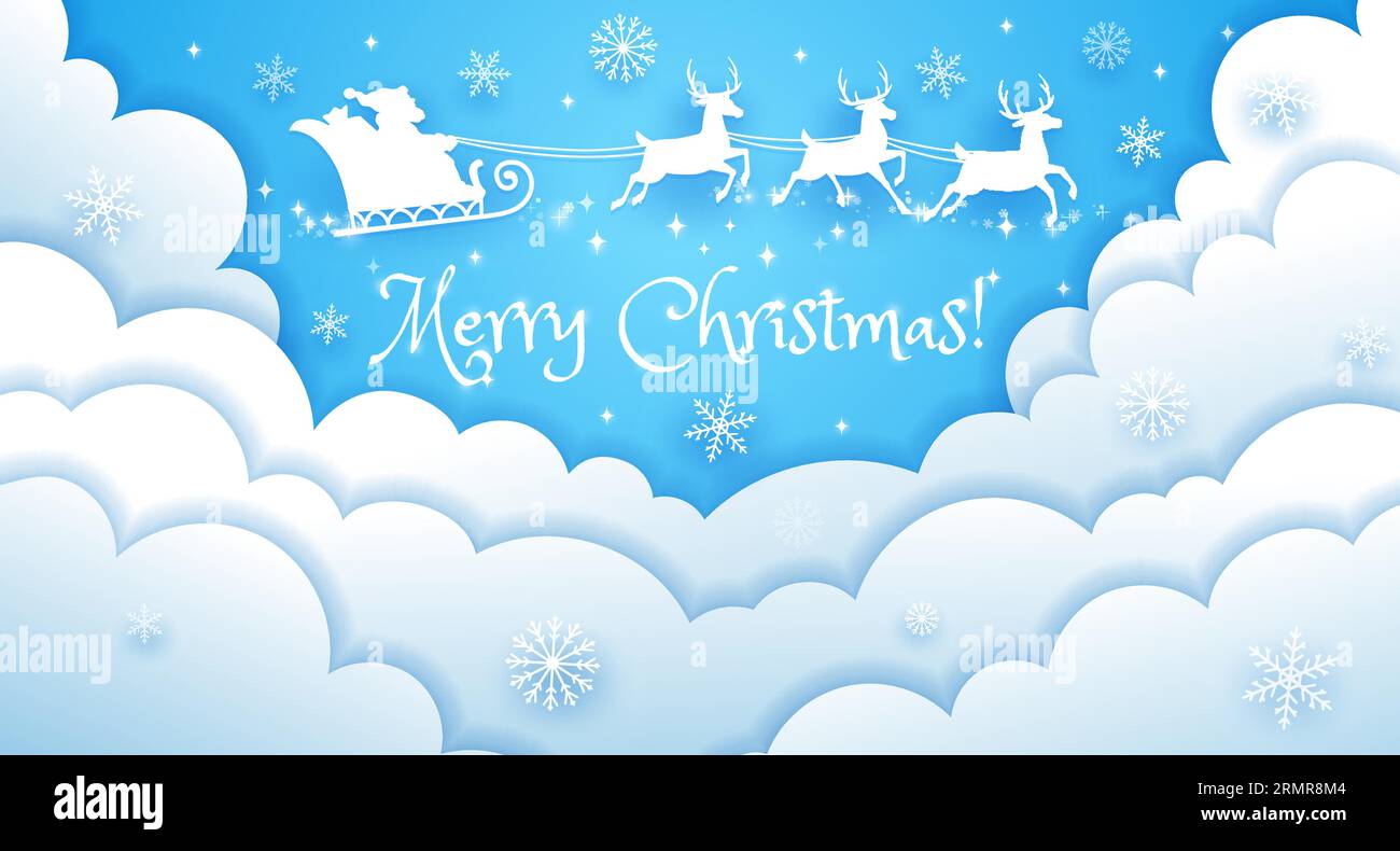 Christmas paper cut with silhouette of Santa sleigh and sky fluffy ...