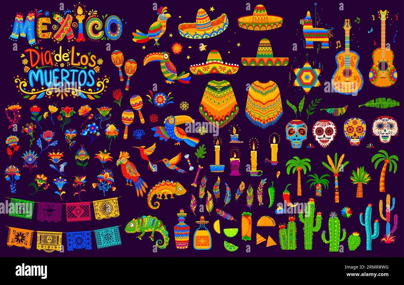 Mexican holiday and festival objects. Sombrero and guitars, maracas and ...