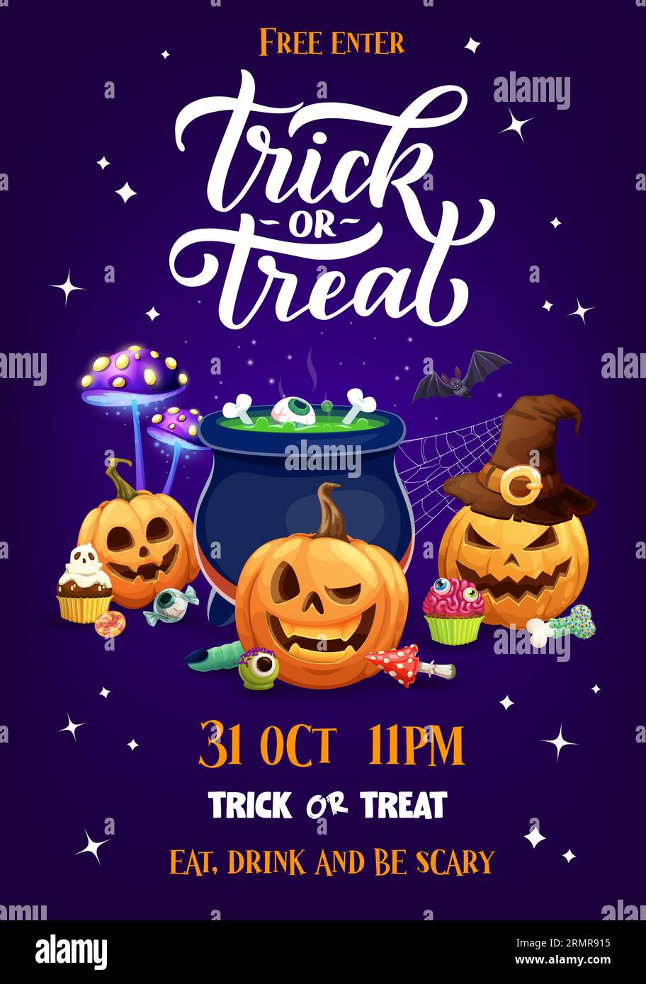 Halloween party flyer with scary pumpkins and witch potion cauldron ...