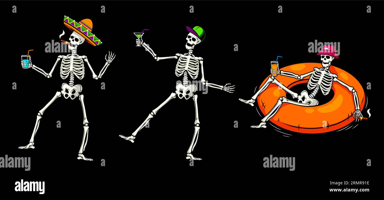 Halloween skeletons relaxing and drinking cocktails, funny cartoon ...