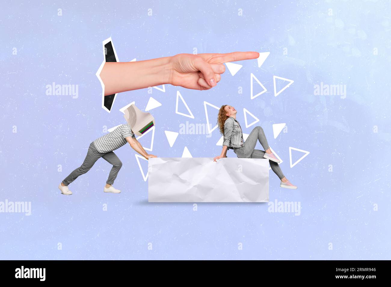 Creative collage of young funky girl sitting crumpled paper square ...