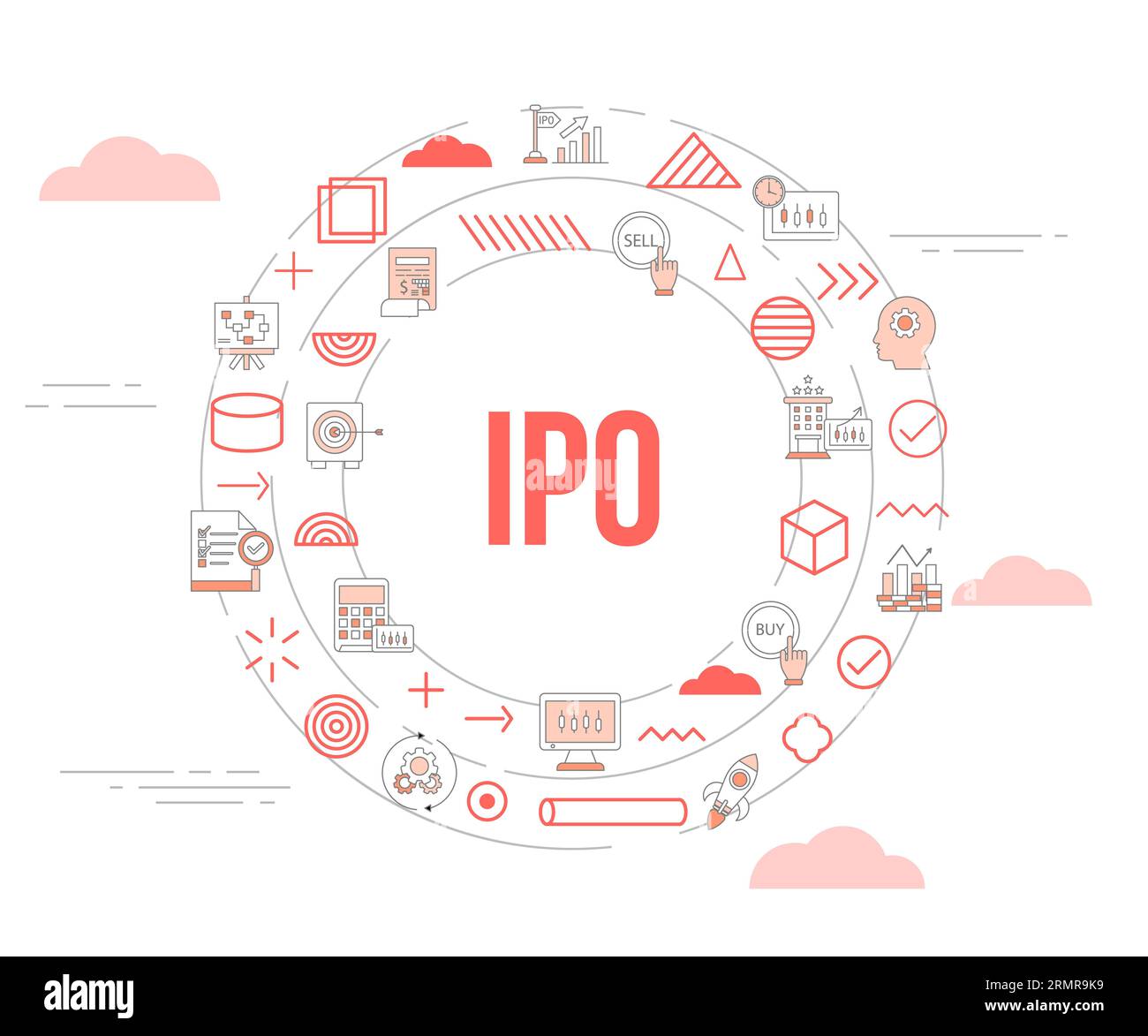 ipo initial public offering concept with icon set template banner and circle round shape vector ...