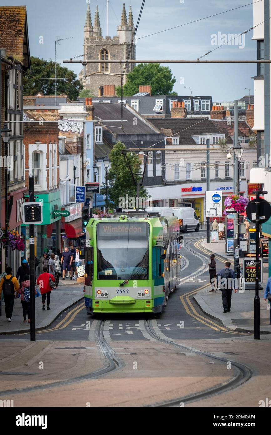 CROYDON, LONDON- AUGUST 29, 2023: Tramlink tram on Church Street in ...