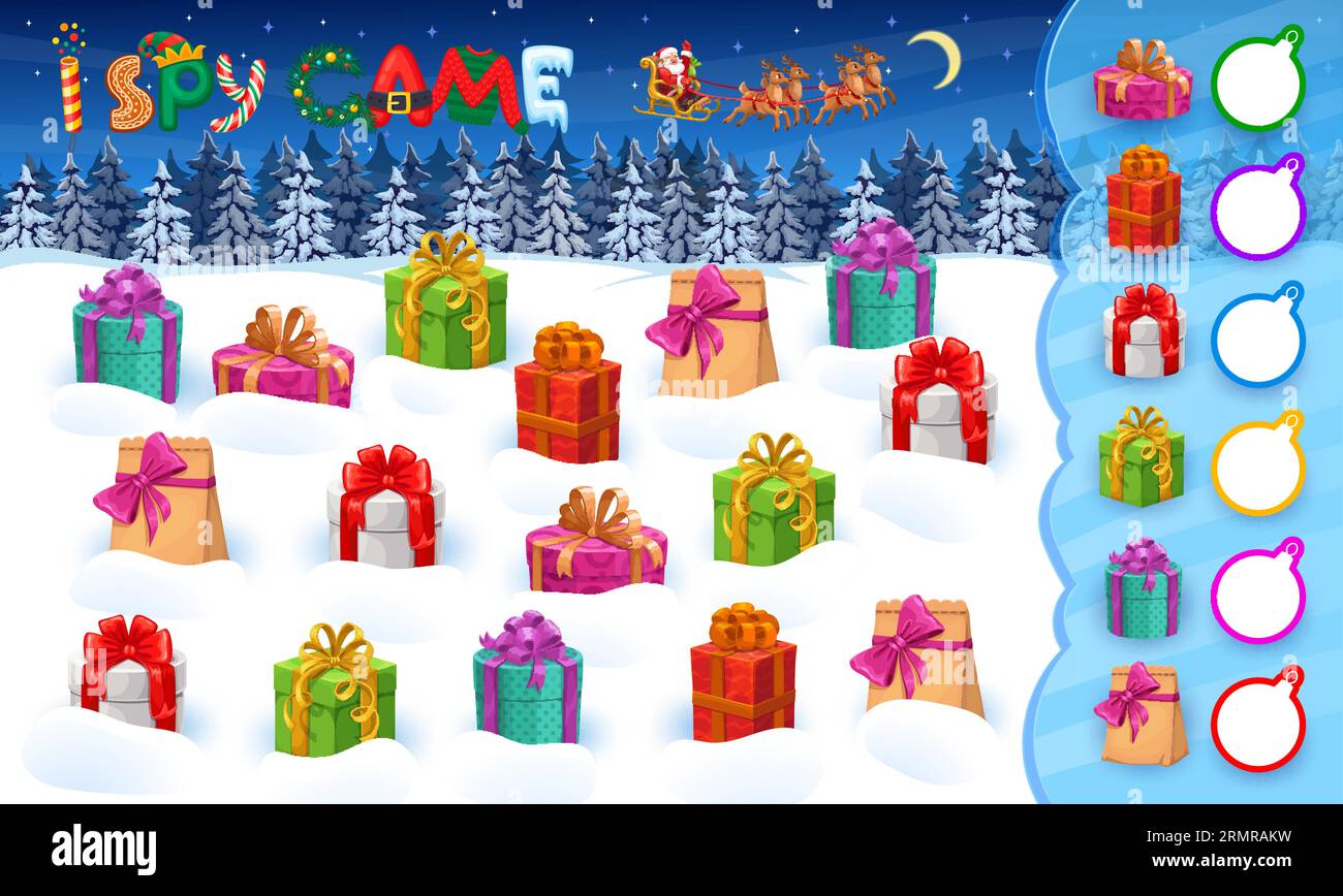 I spy game Christmas holiday gifts on snow. Kids vector riddle ...
