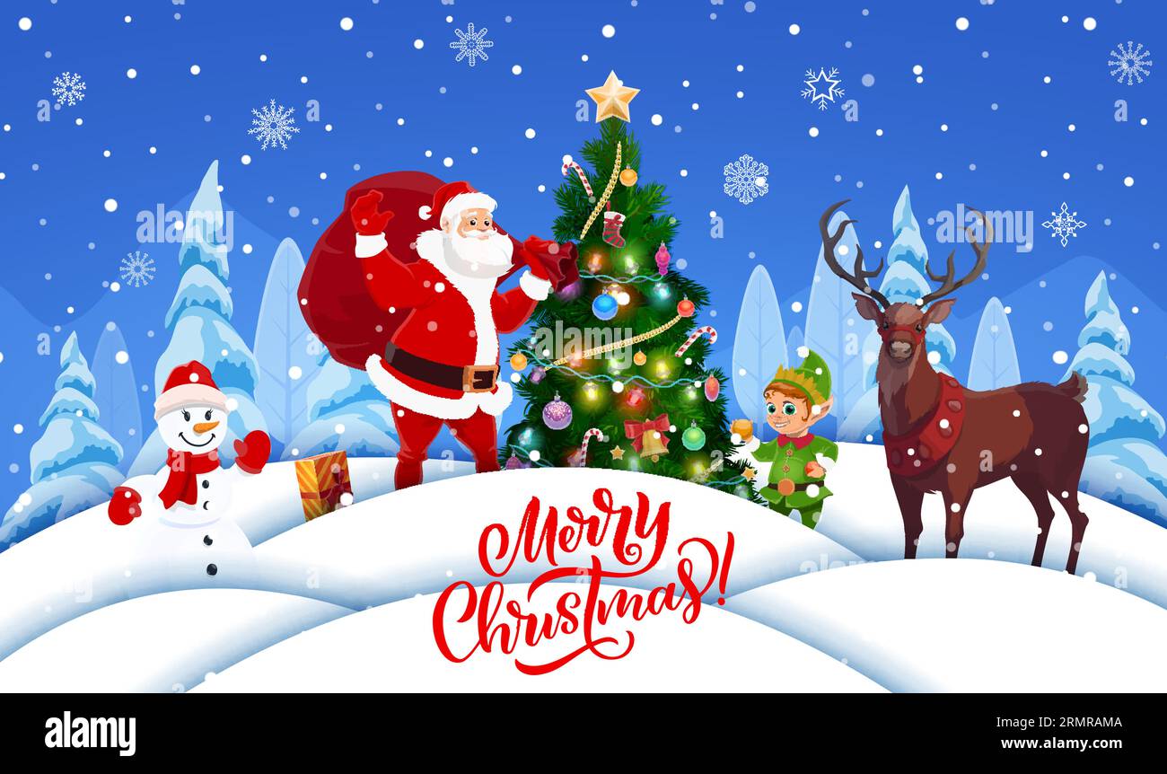 Christmas paper cut poster. Cartoon Santa, elf, snowman and deer on ...