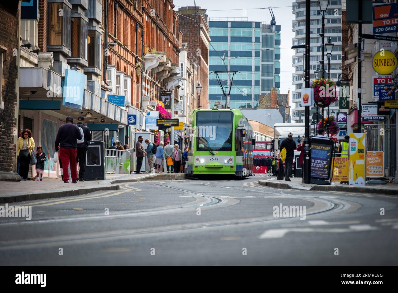CROYDON, LONDON- AUGUST 29, 2023: Tramlink on George Street in Croydon ...