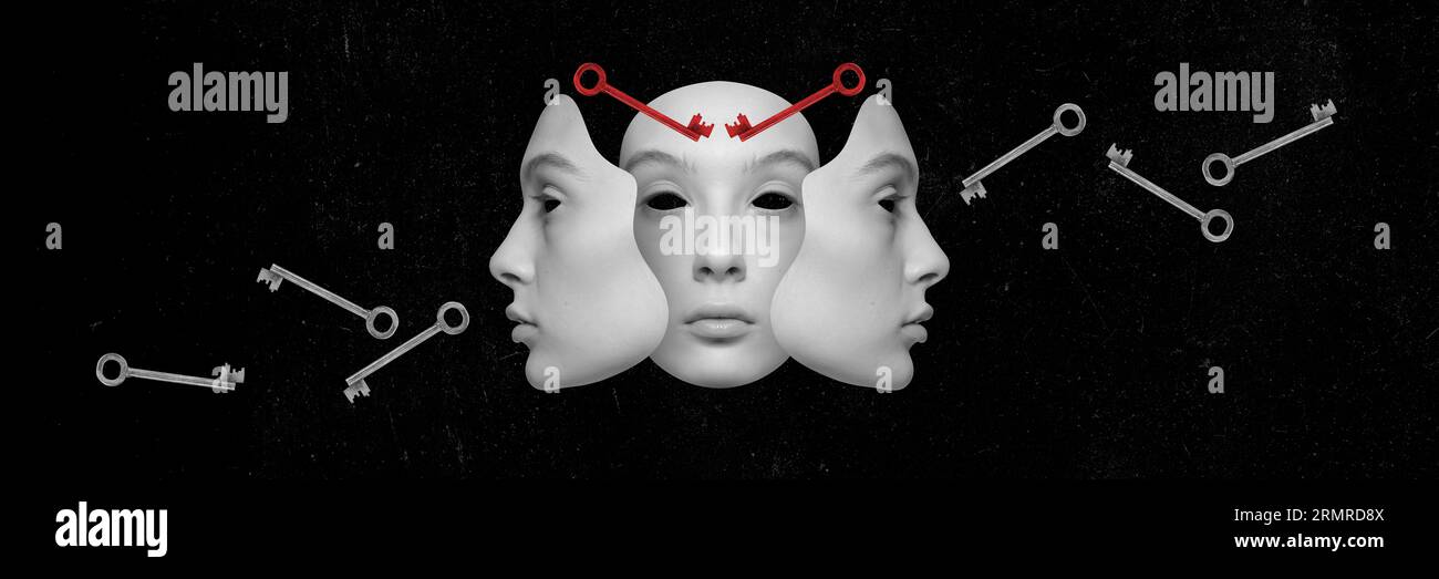 Young woman with many splitting faces. Black and white image. Inner ...