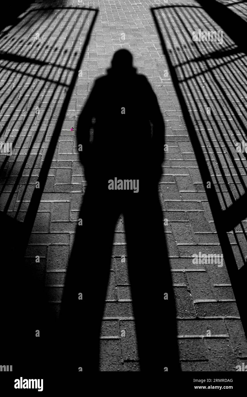 Foreboding shadow of person, legs apart, standing between two semi-open ...