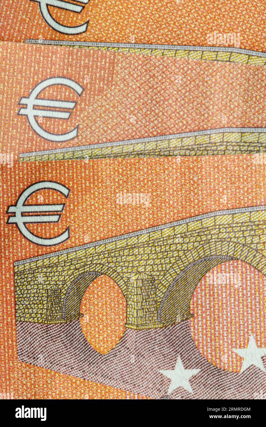 European cash banknotes with a face value of 10 euros close-up ...