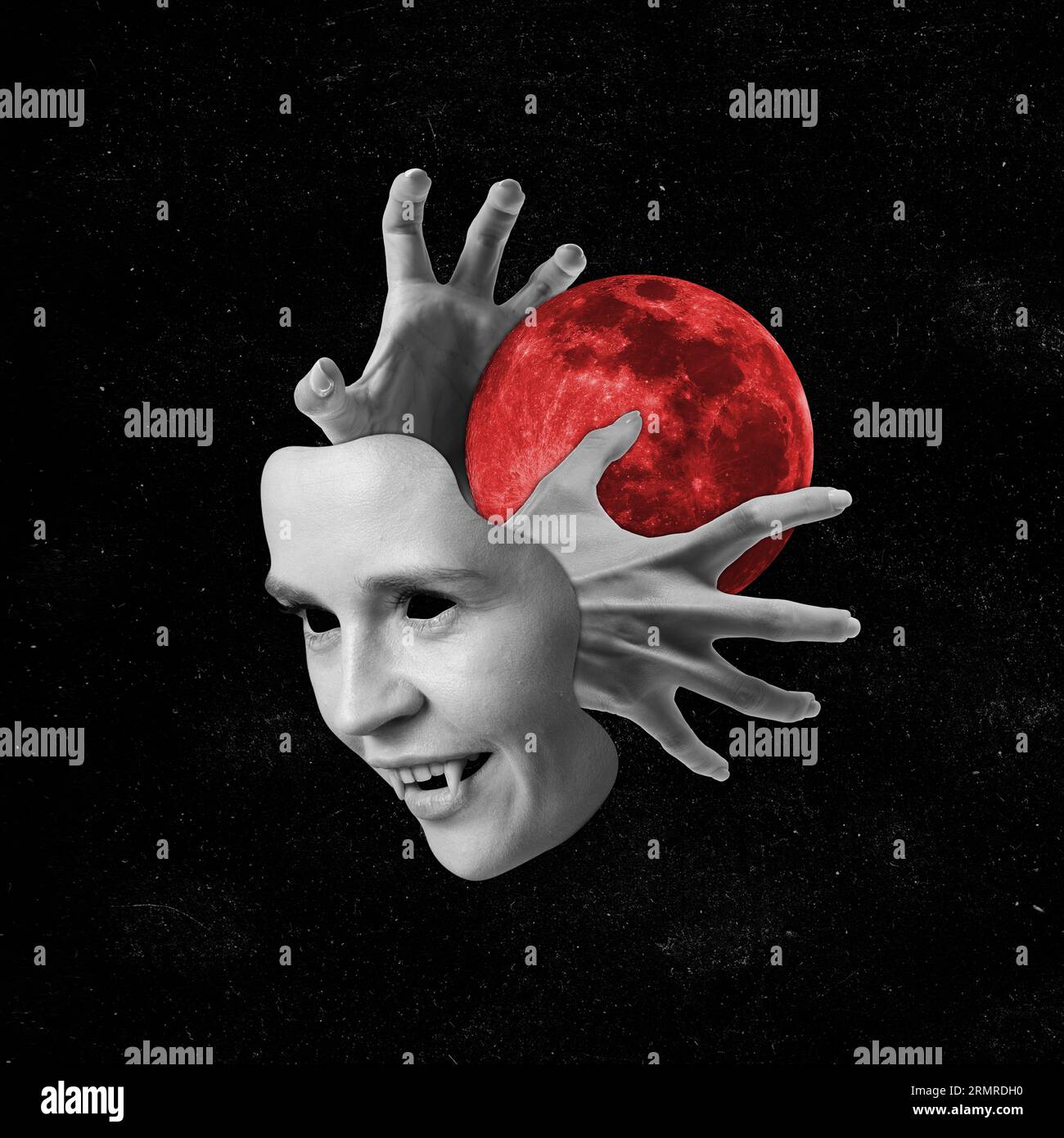 Female face, woman in image of vampire with red full moon element on ...