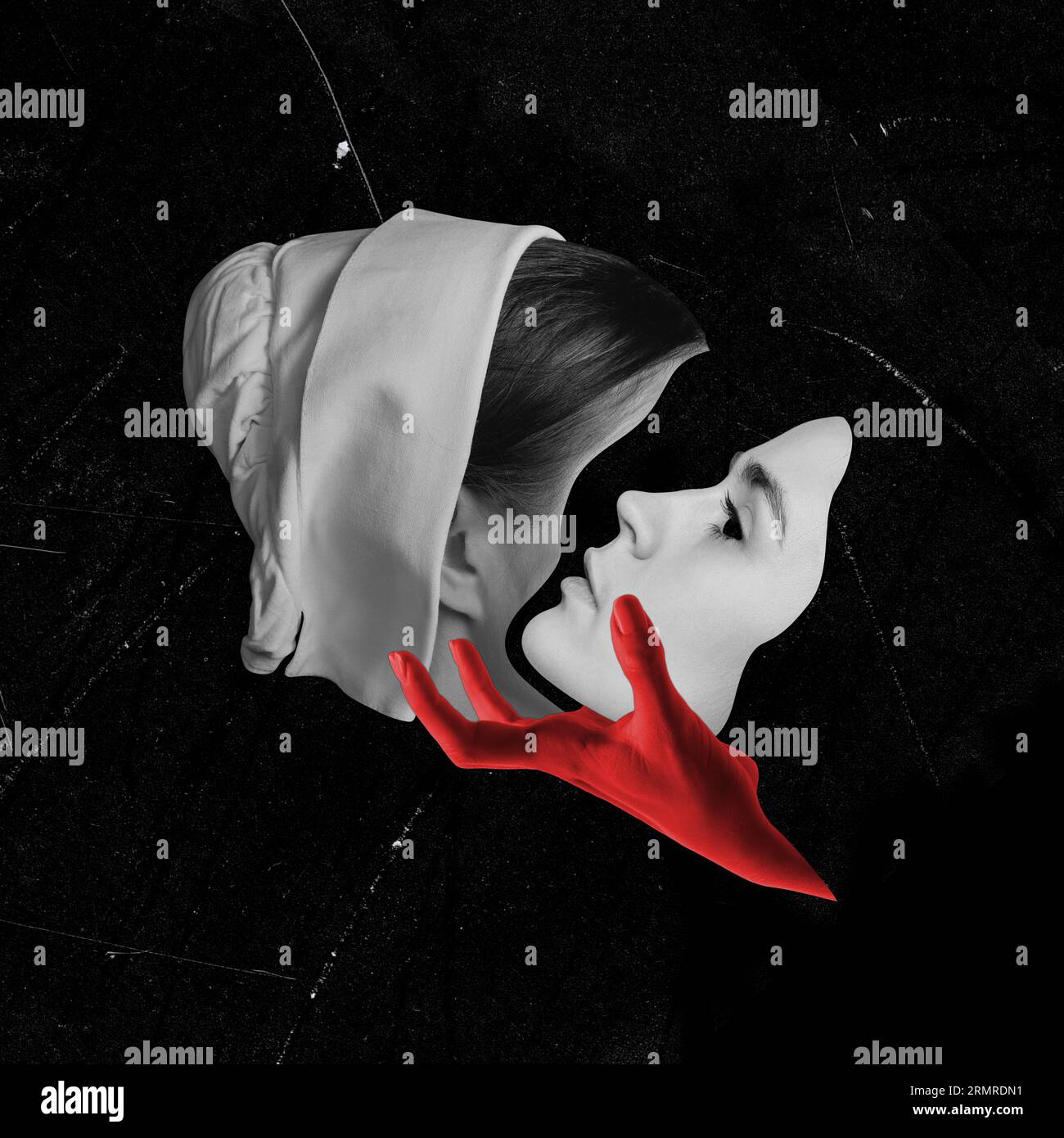 Good and evil female personality. Young woman with empty black eyes ...