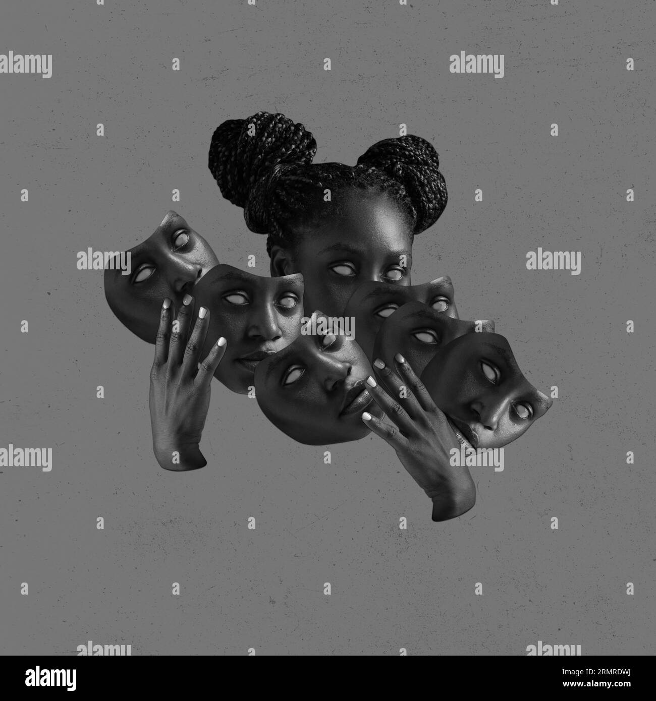 Black and white image. African woman with empty white eyes and many ...