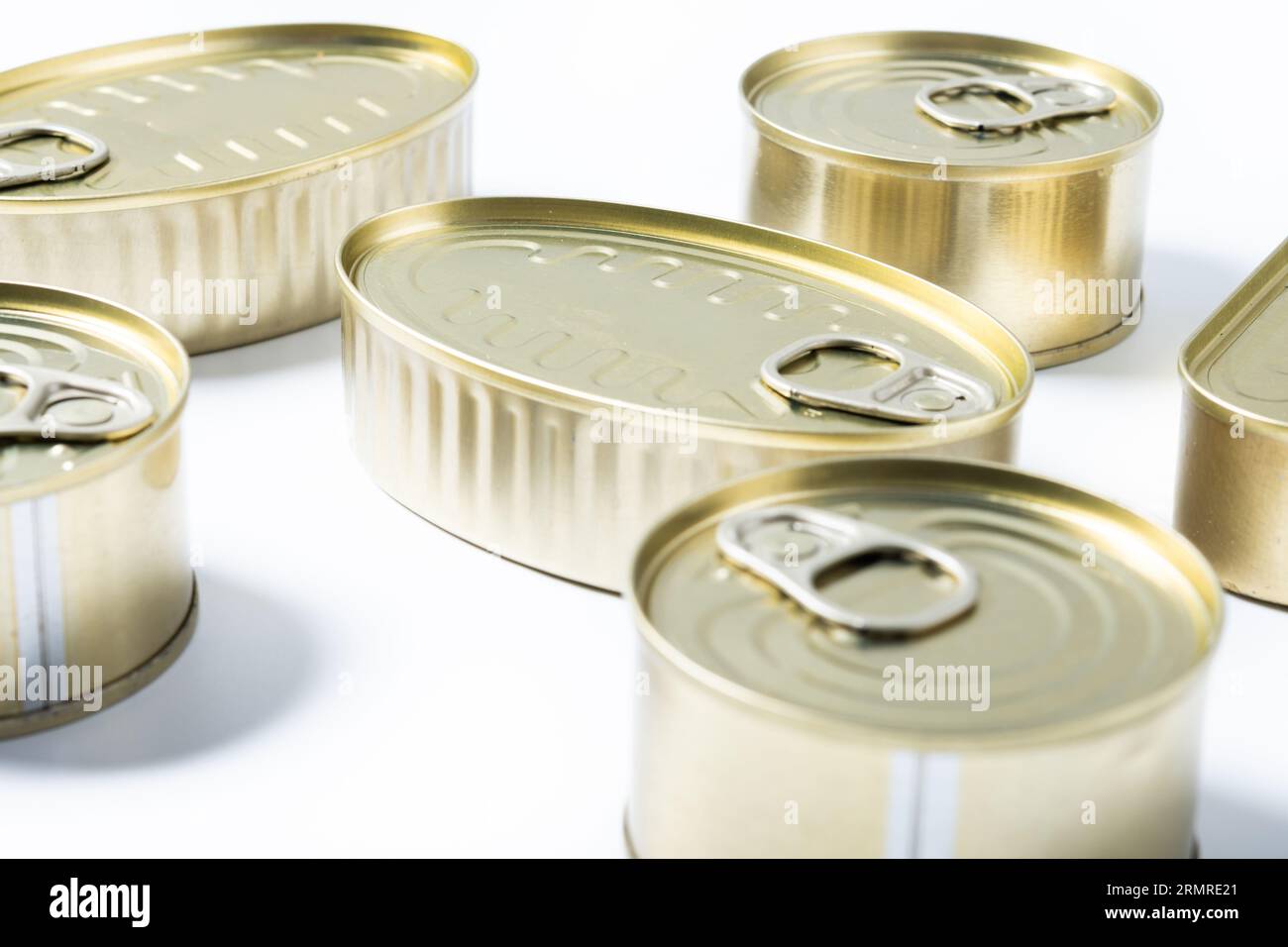Various canned food in metal cans isolated on white background Stock ...