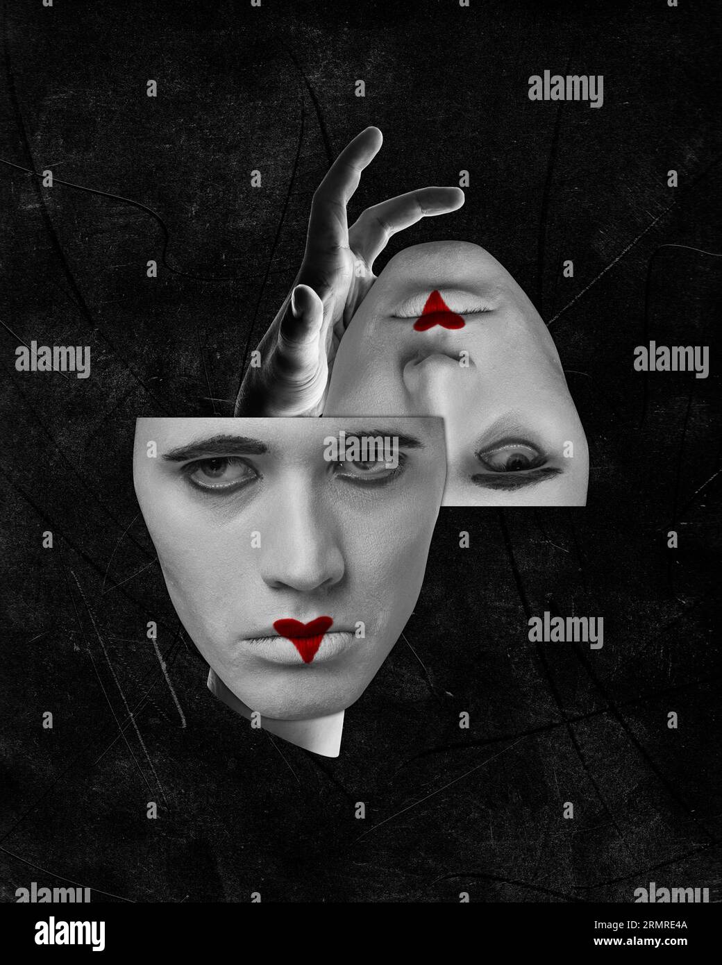 Man, panthomine with sad faces. Black and white image. Upside down look ...