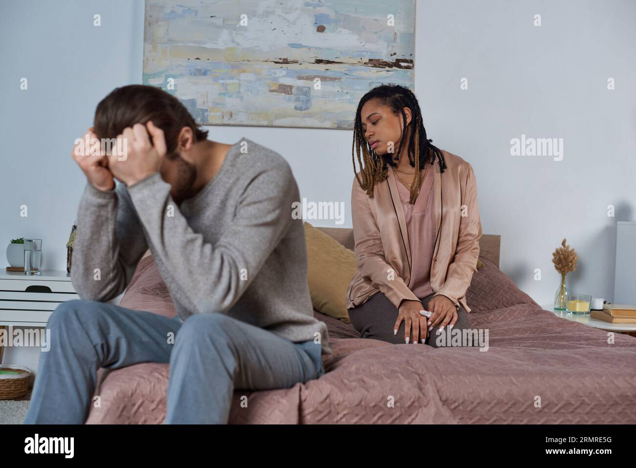 sad african american woman with pregnancy test, couple making decision ...
