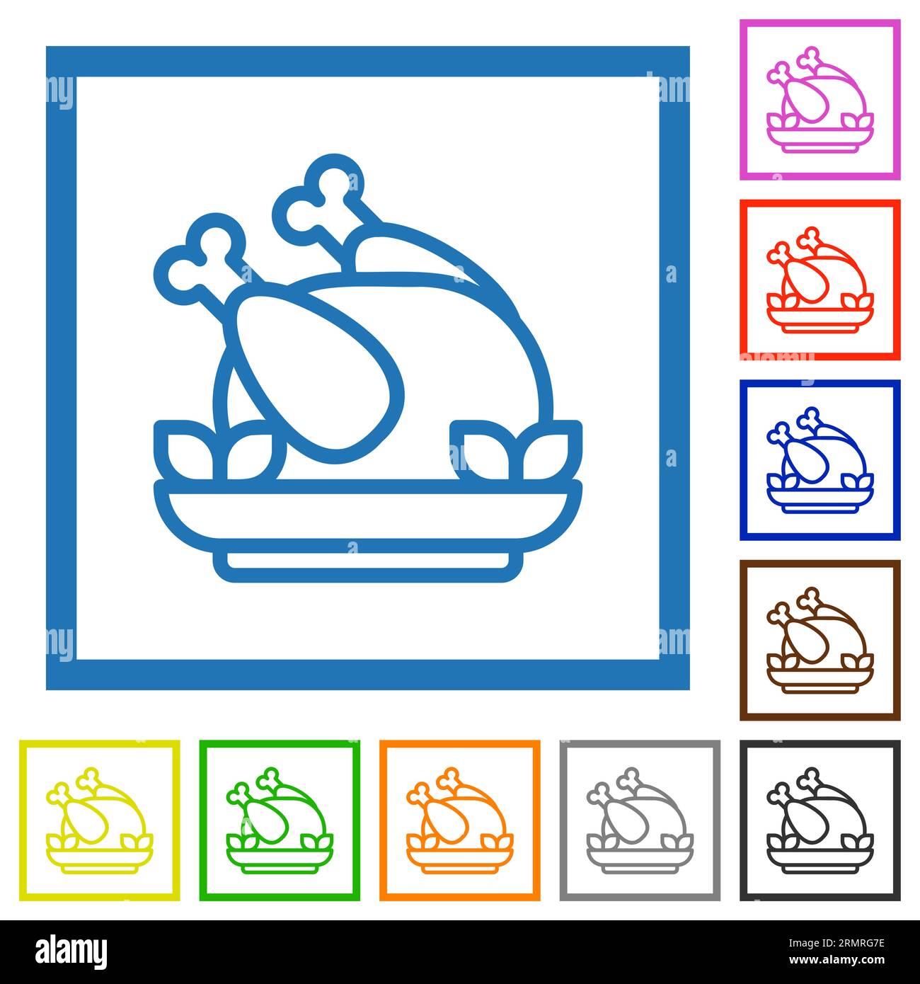 Roasted chicken outline flat color icons in square frames on white ...