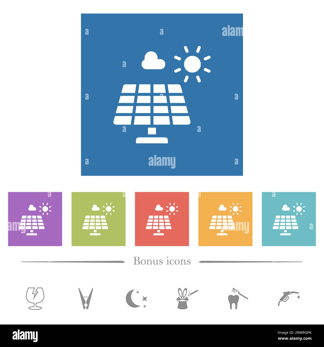 Solar energy flat white icons in square backgrounds. 6 bonus icons ...