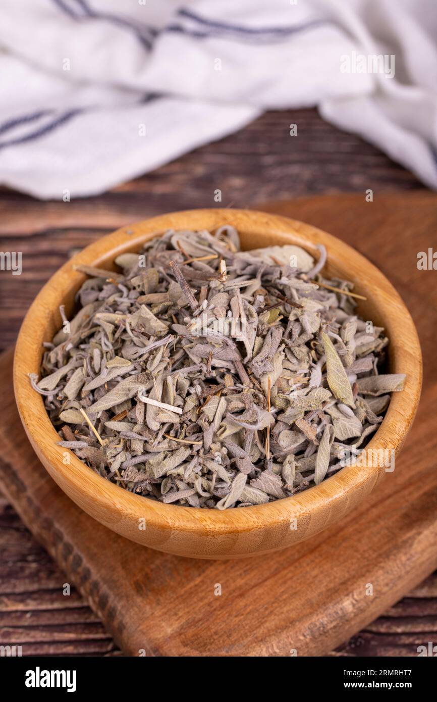 Dry Sage leaves. Dried salvia or sage leaves in wood bowl. herbal ...