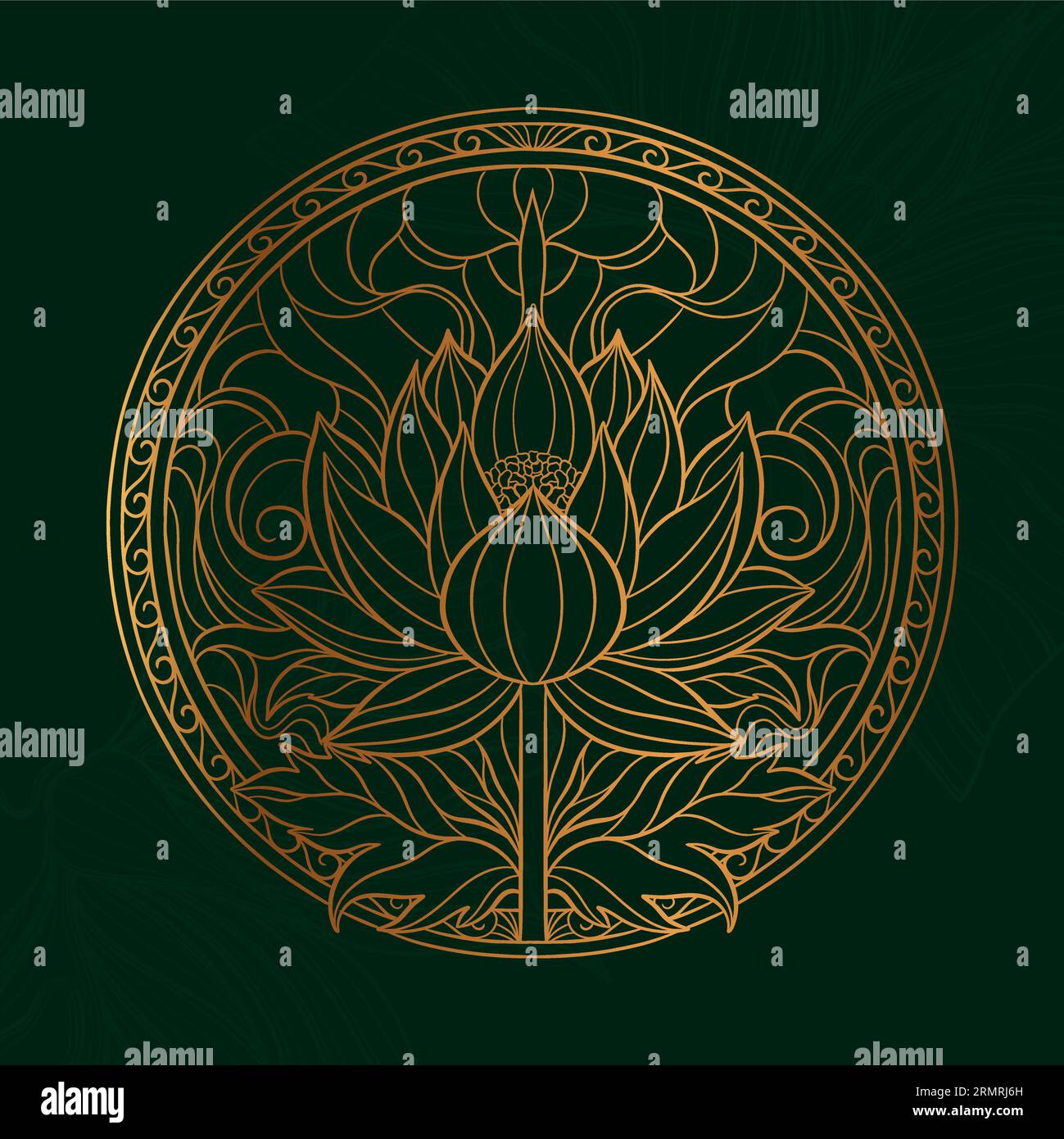 Elegant lotus flower bud and leaf in circle.The round design is made ...