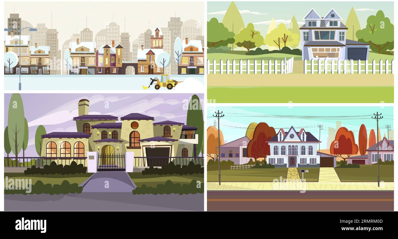 Residential houses flat vector illustration set Stock Vector Image ...
