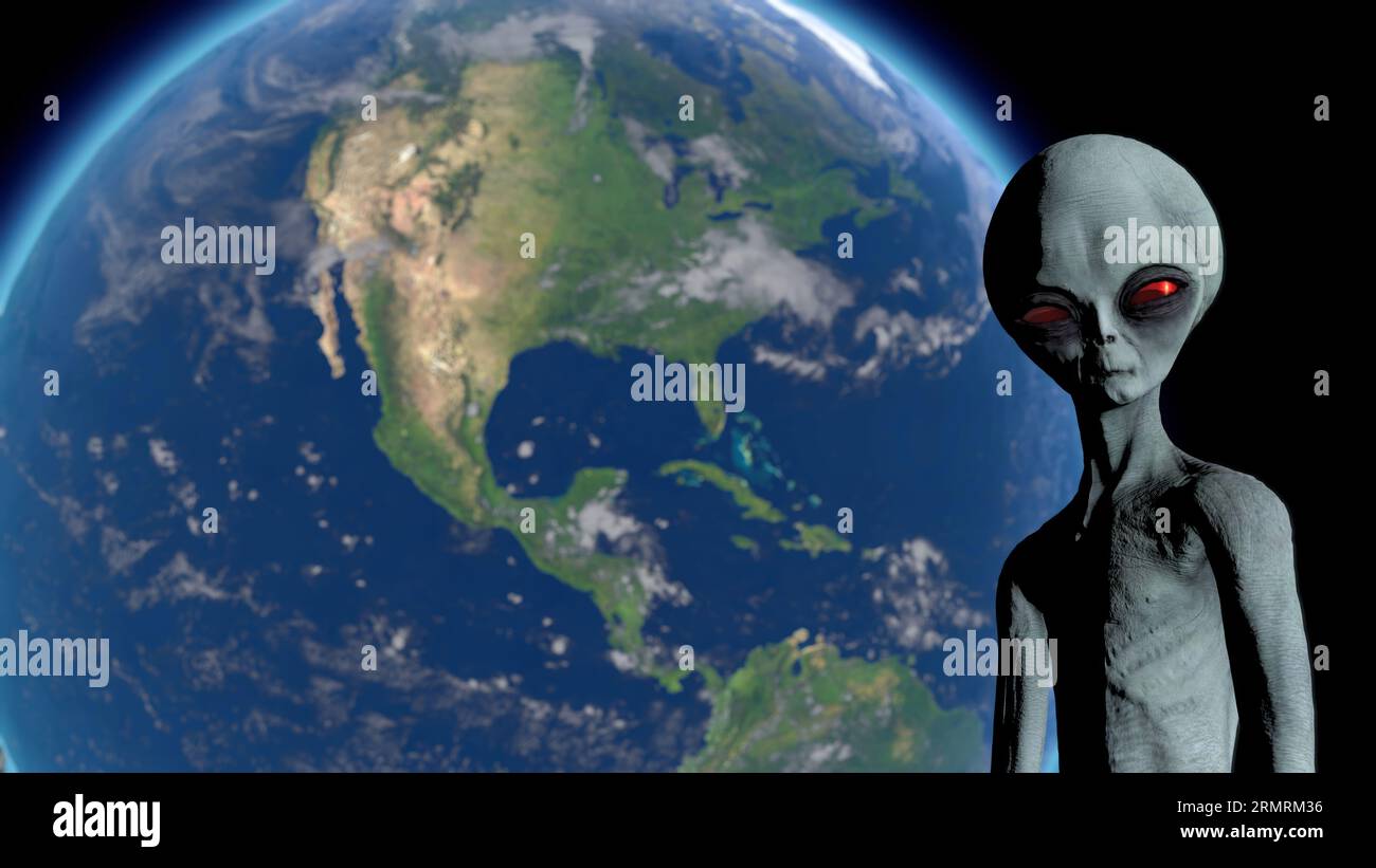 Scary gray alien stands on the moon and looks blinking. Planet Earth Is ...