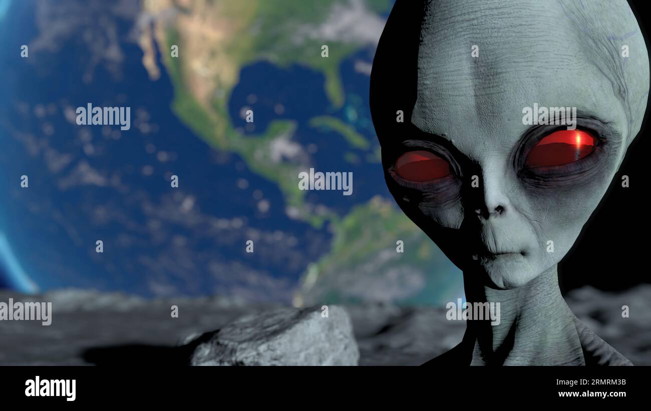 Scary gray alien stands on the moon and looks blinking. Planet Earth Is ...