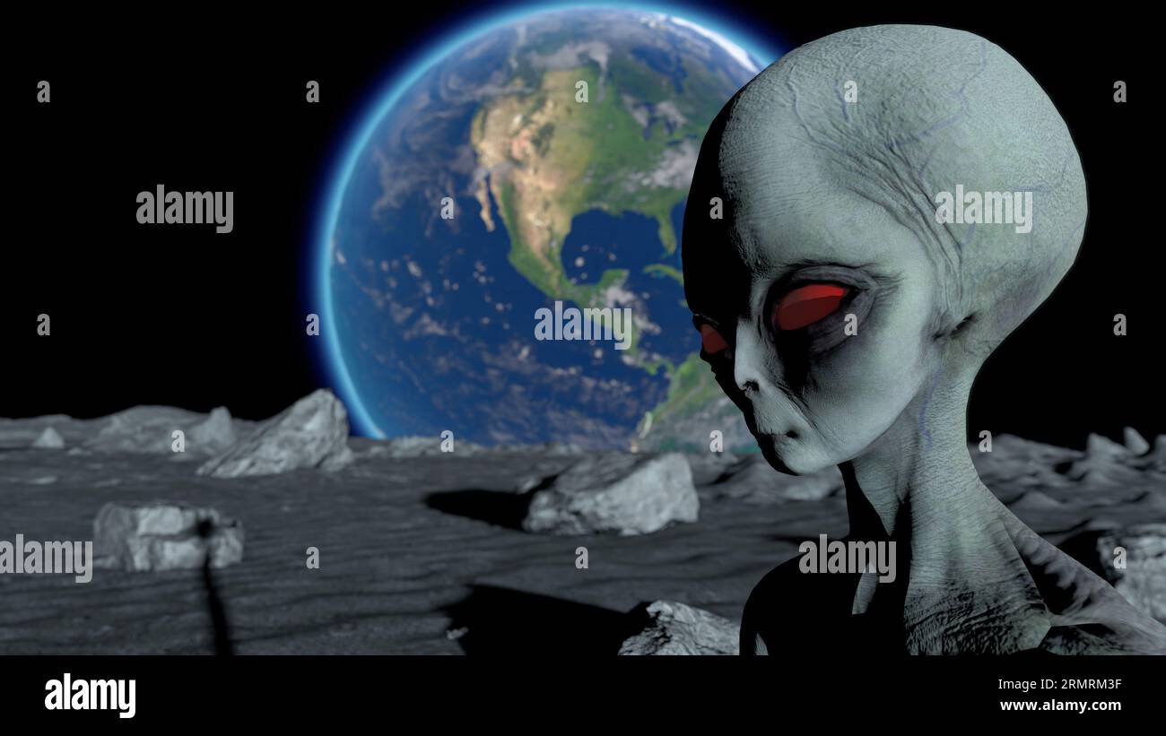 Scary gray alien stands on the moon and looks blinking. Planet Earth Is ...