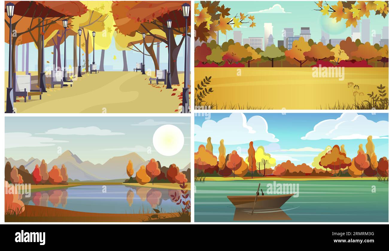 Autumn in city and country flat vector illustration set Stock Vector ...