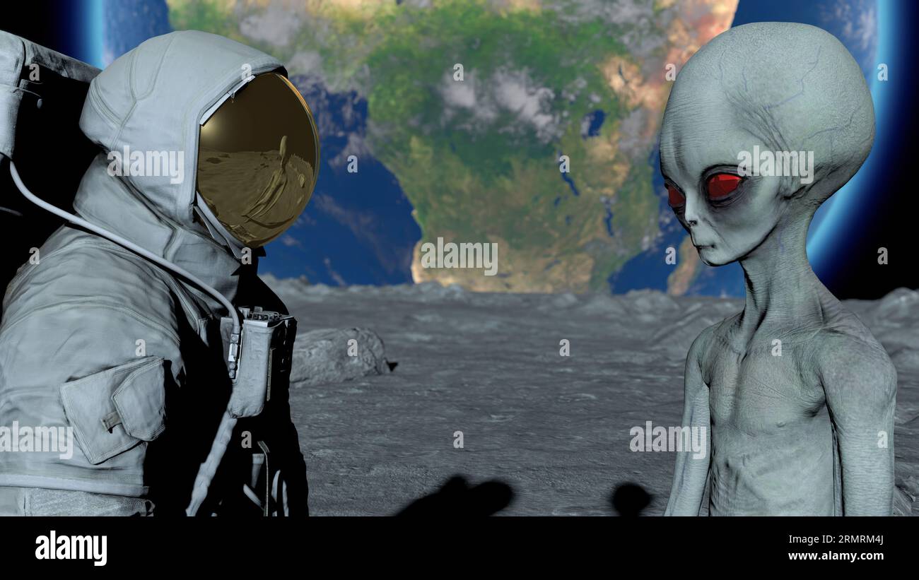 An astronaut and a gray alien stand looking at each other on the moon ...