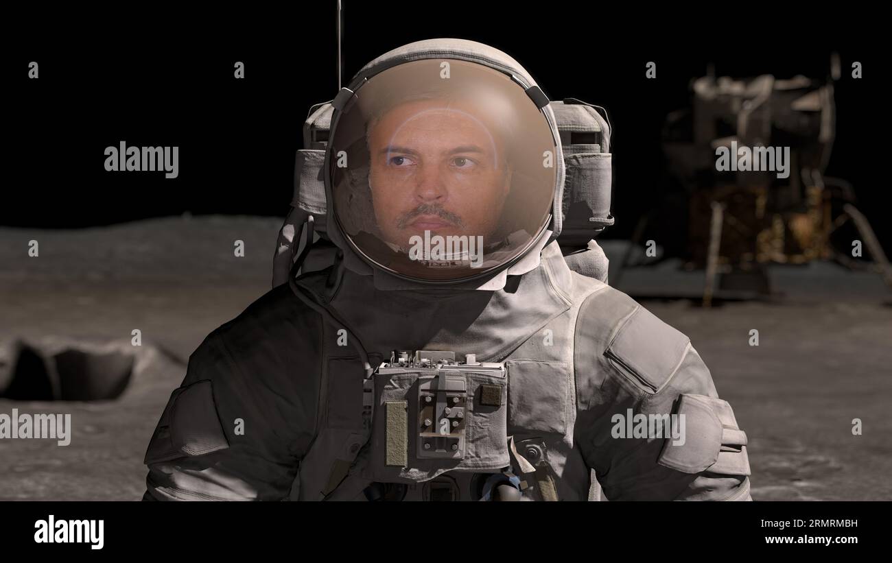 Portrait of man astronaut on Moon wearing helmet looking at earth globe ...