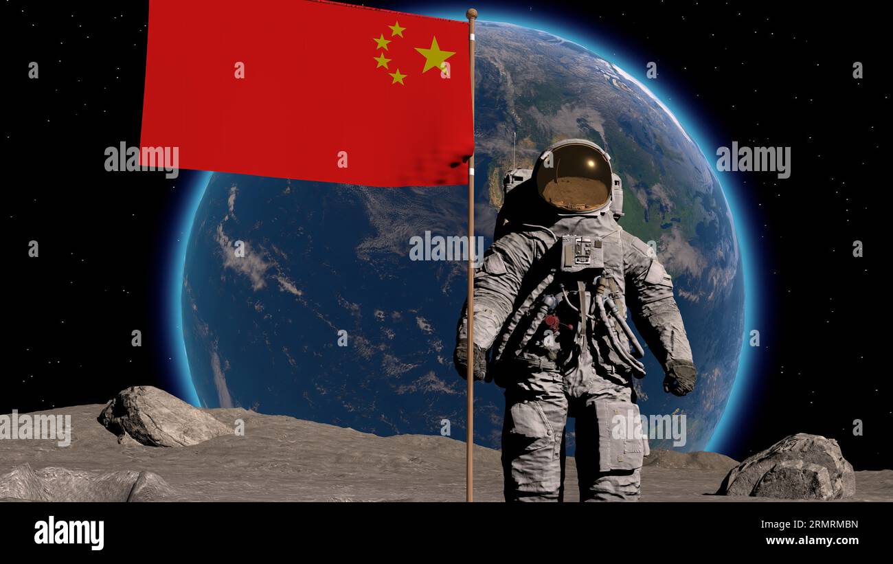 Lunar astronaut walks on the moon with chinese flag and salutes. Some ...