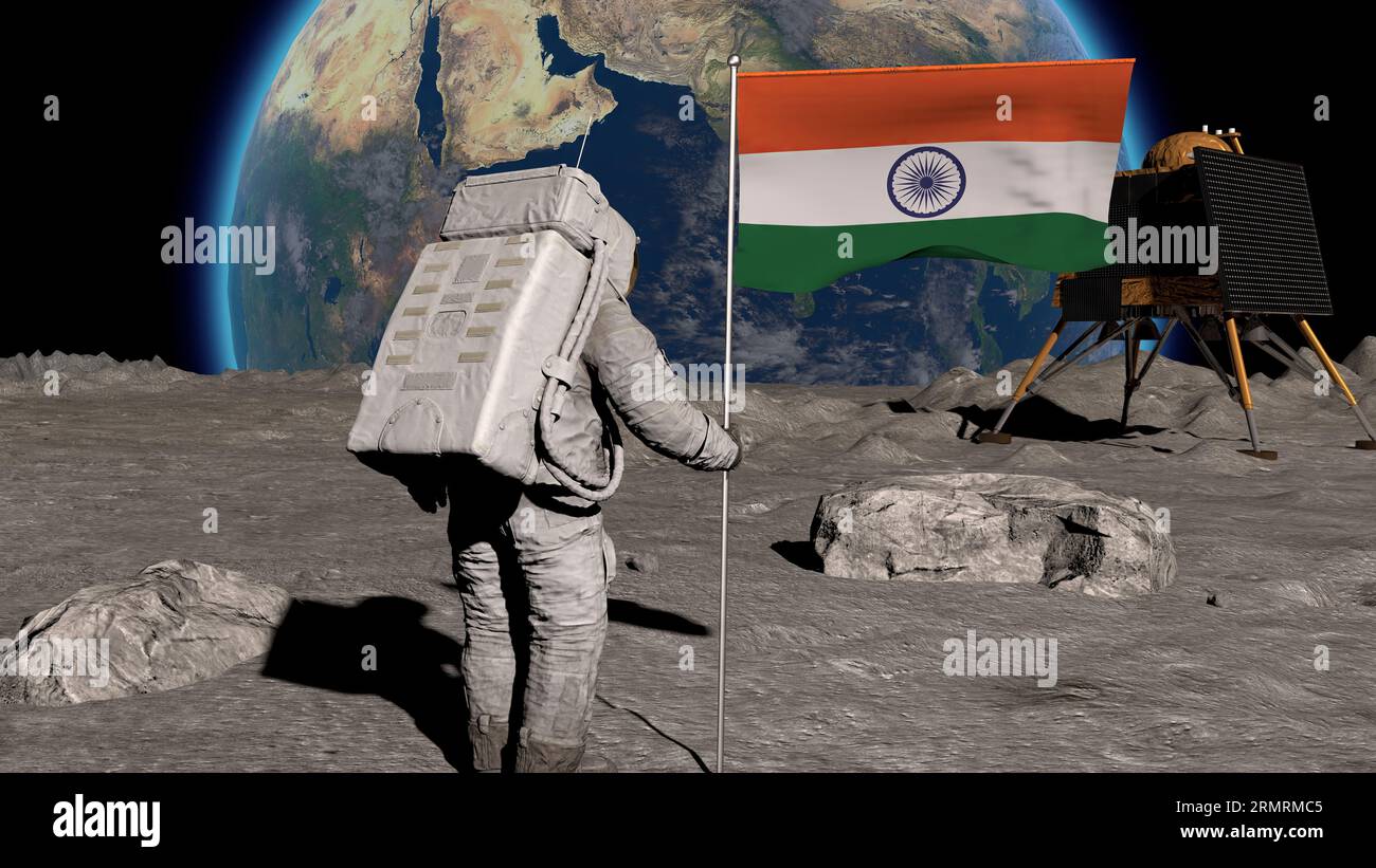 Lunar astronaut walks on the moon with Indian flag, sticks it into the ...