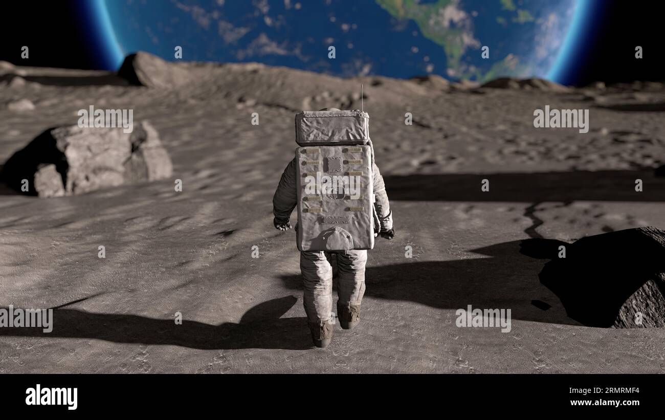 Lunar Astronaut In Space Suit Walking On the Moon. Planet Earth Is ...