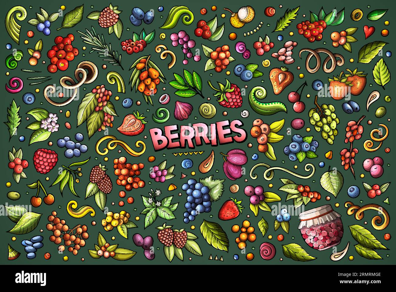 Cartoon vector doodle set features a variety of Berry fruits objects ...