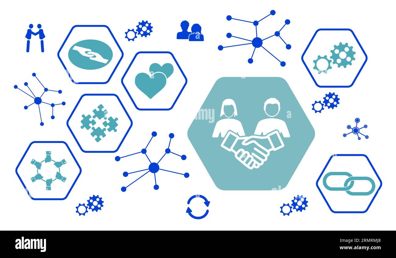 Concept of friendship with icons in hexagons Stock Photo - Alamy