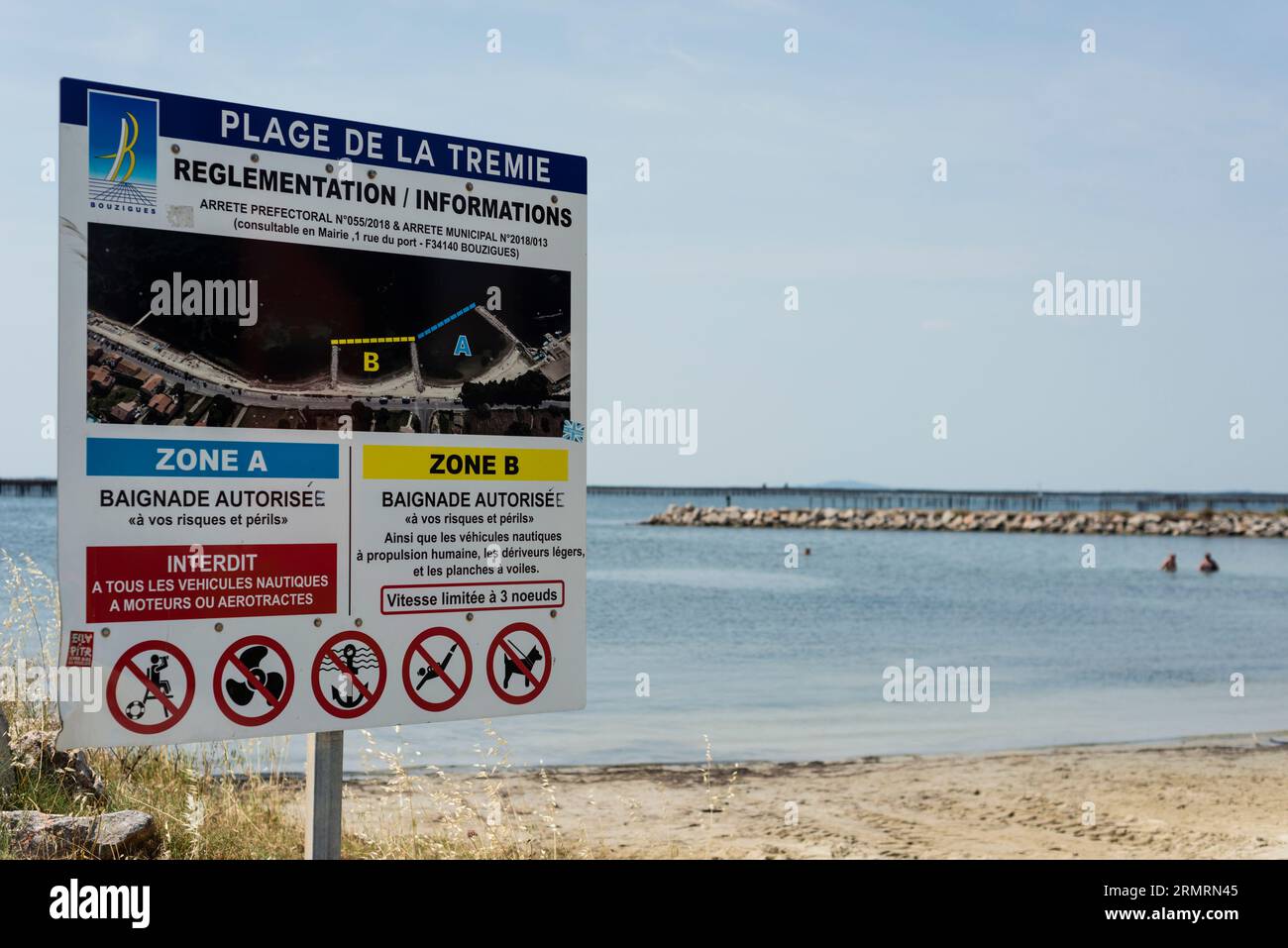 Beach information board, Bouzigues, Herault, Occitanie, France Stock ...