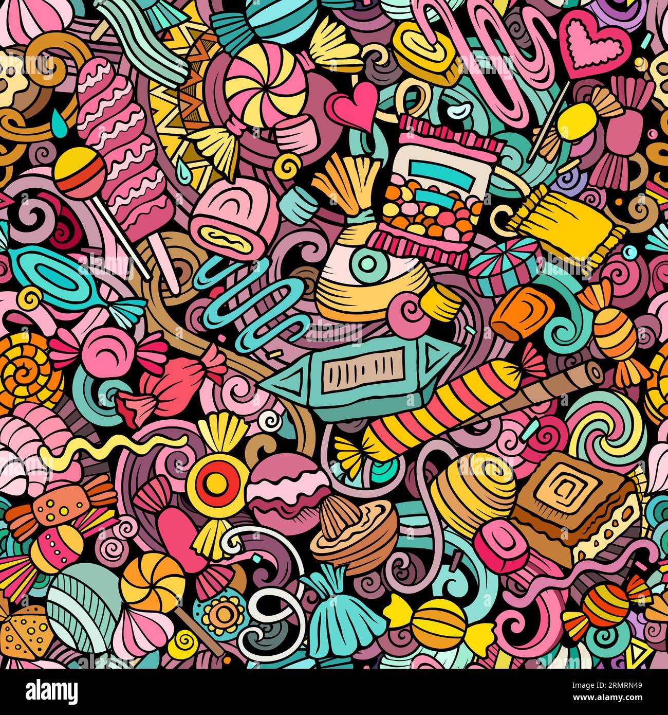 Cartoon doodle seamless pattern features a variety of Candies objects ...