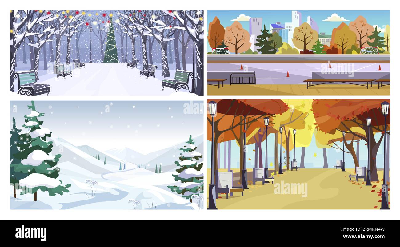 Trees in winter and autumn flat vector illustration set Stock Vector ...