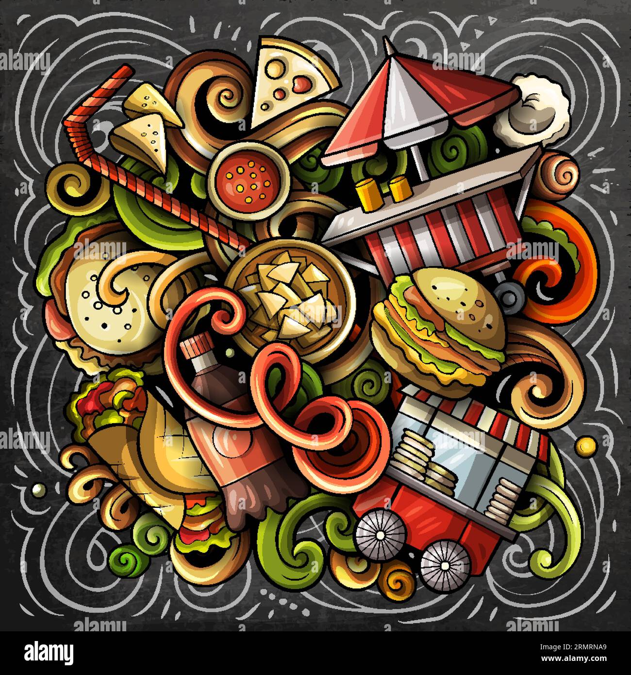 Fastfood cartoon doodles illustration. Fast food funny objects and ...